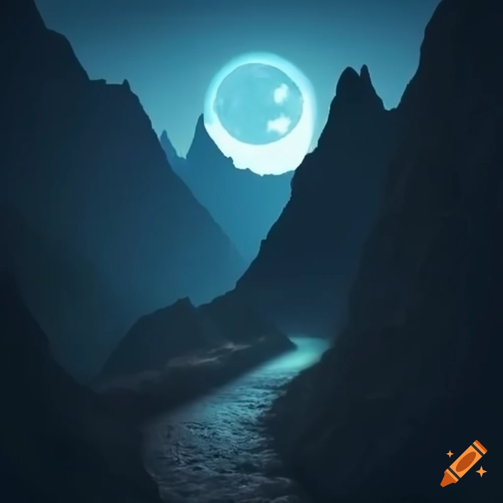 Moonlit path through dark mountains