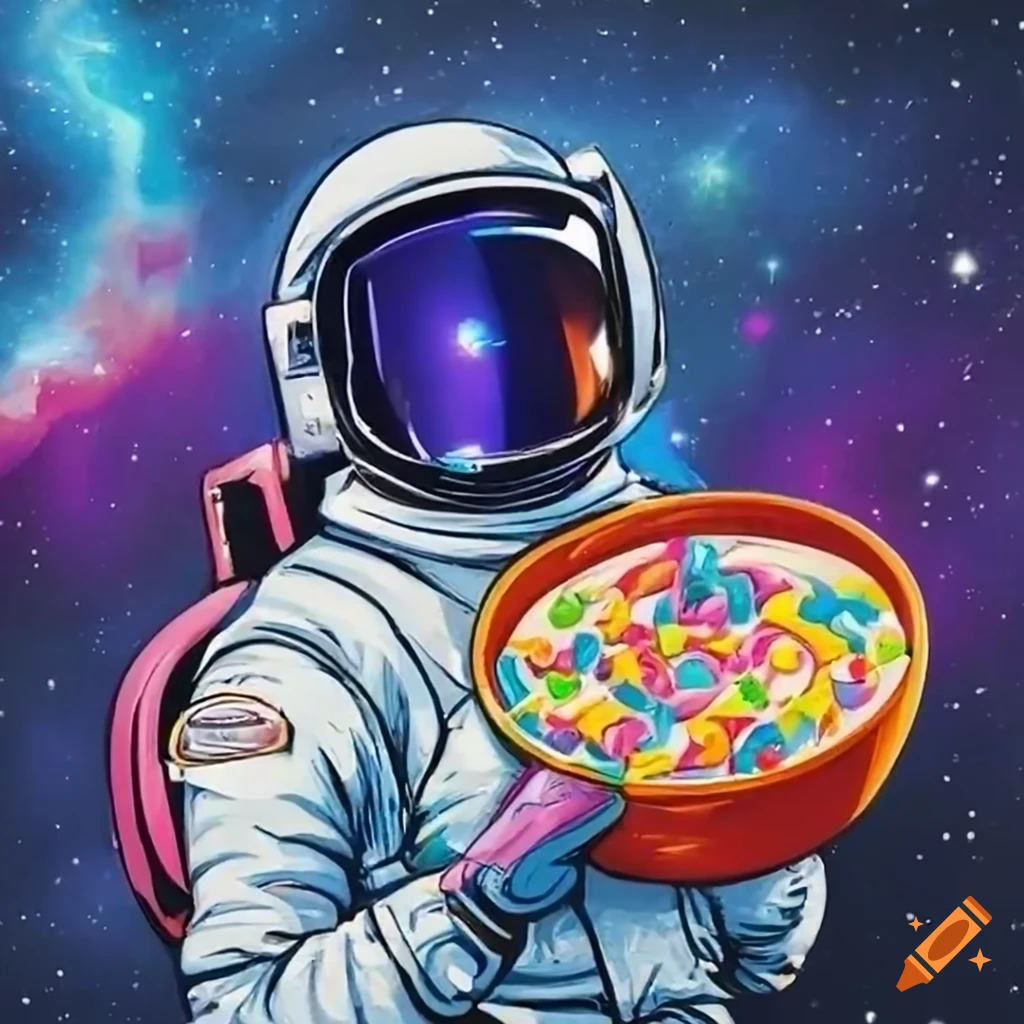Cartoon astronaut holding a bowl of colorful cereal on Craiyon