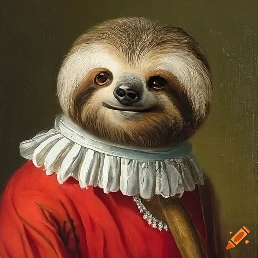 Oil painting of a sloth in red clothes