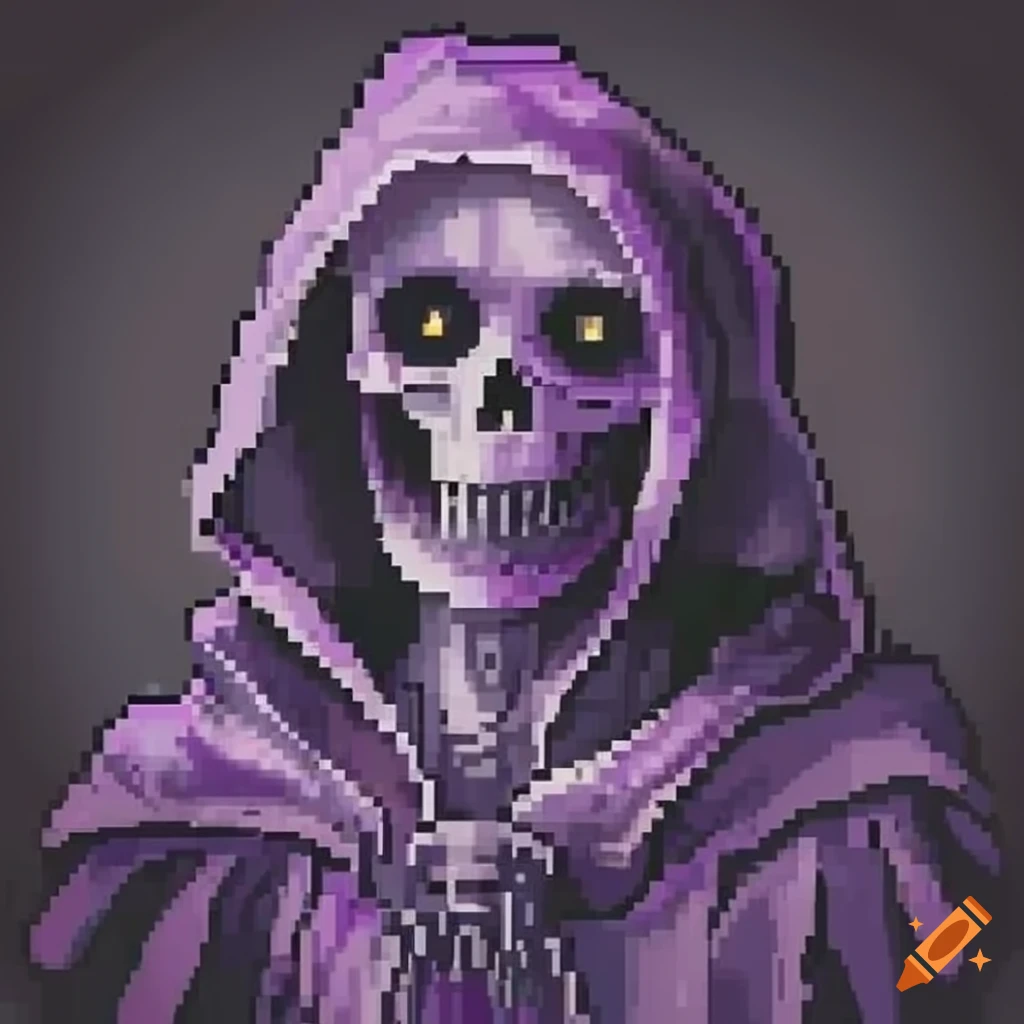 Pixel art of a spooky black and purple skeleton