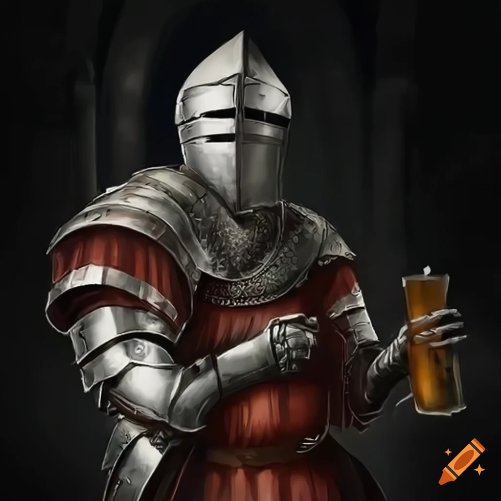 Humorous illustration of a drunk knight in full armor