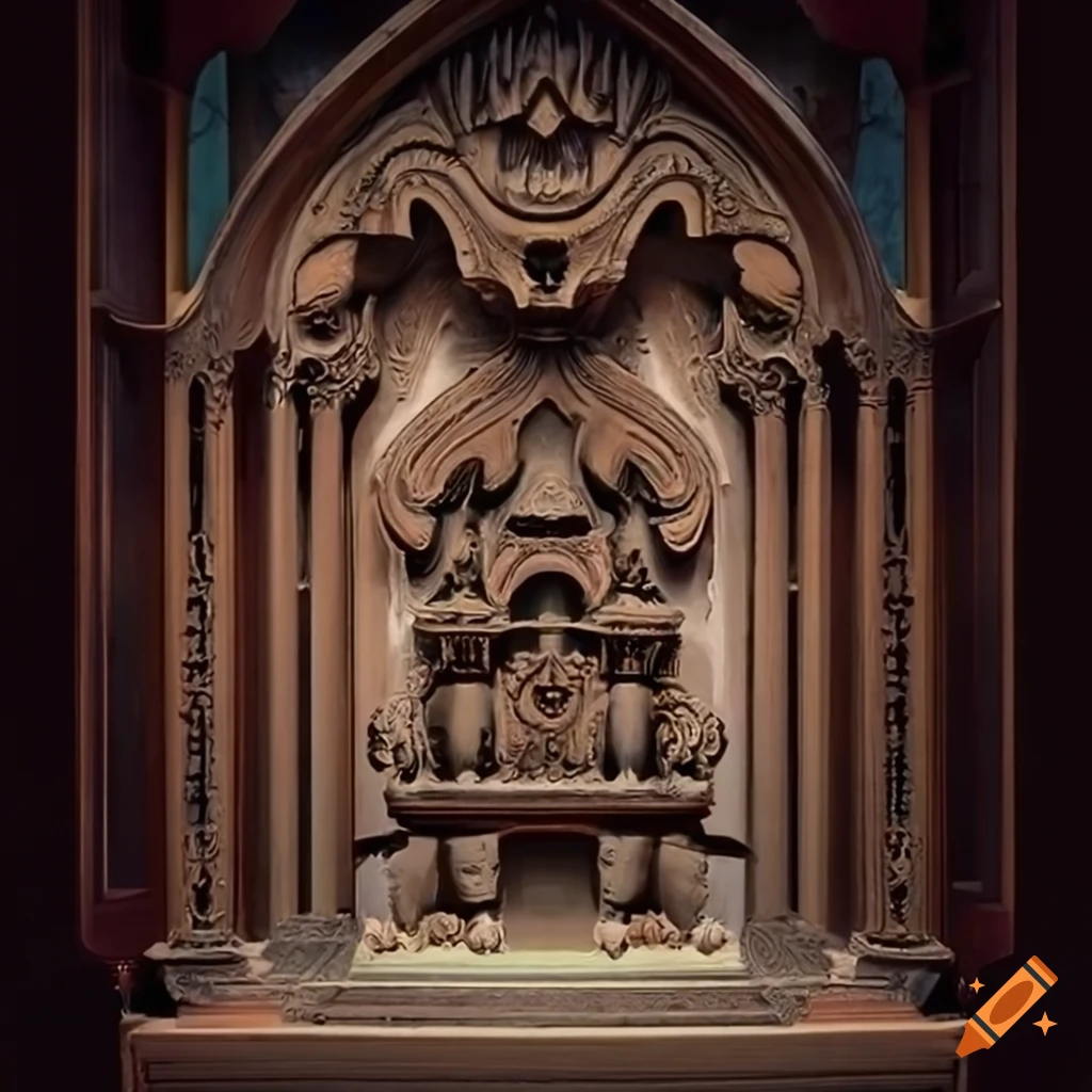 High-definition shrine with architectural stave carving on Craiyon