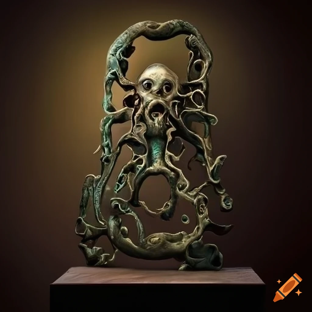 Bronze artifact on an elder table with lovecraft-style artwork