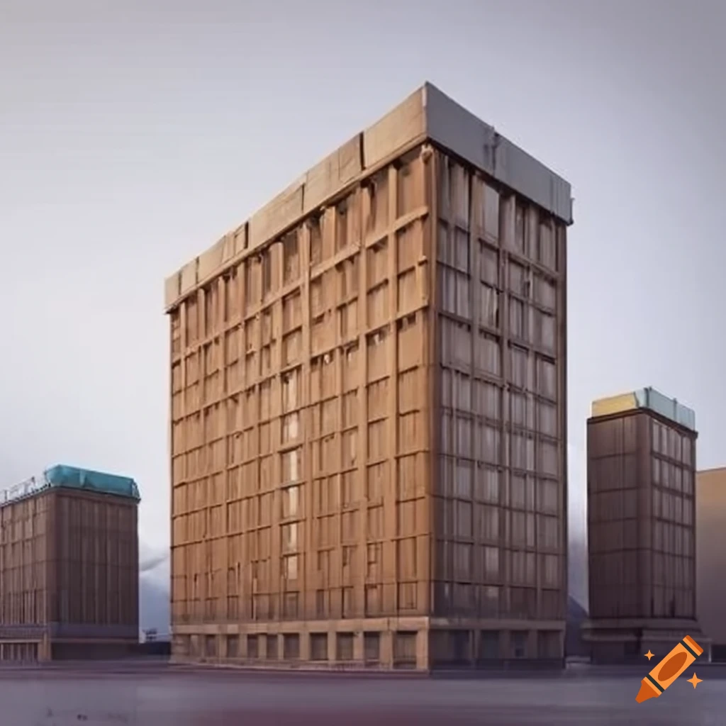 A tall brutalist concrete building on Craiyon