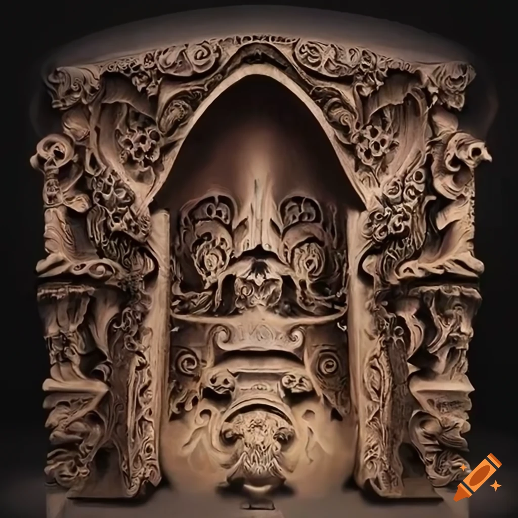 Detailed carving of a shrine with moth motif on Craiyon