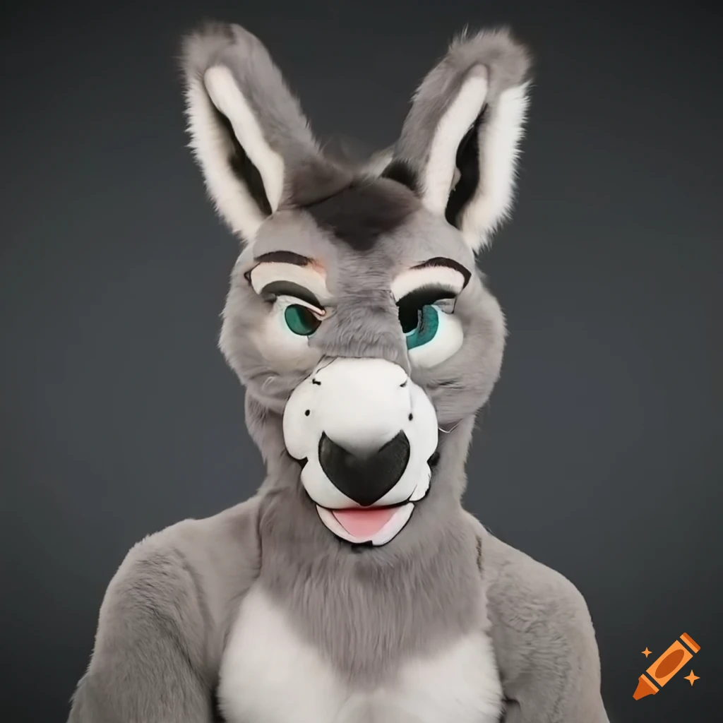 Full-body fursuit of a realistic grey donkey on Craiyon
