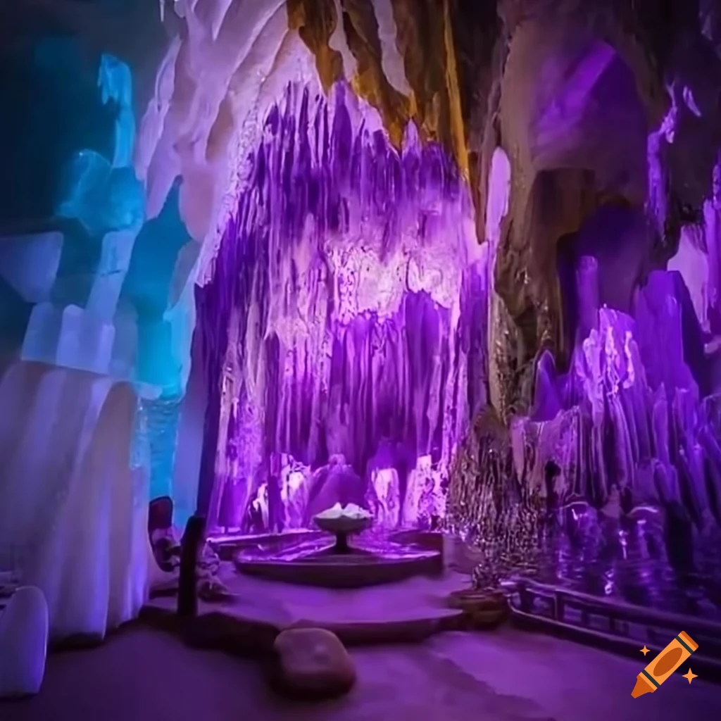 Stunning crystal cave with purple crystals and flowing water on Craiyon