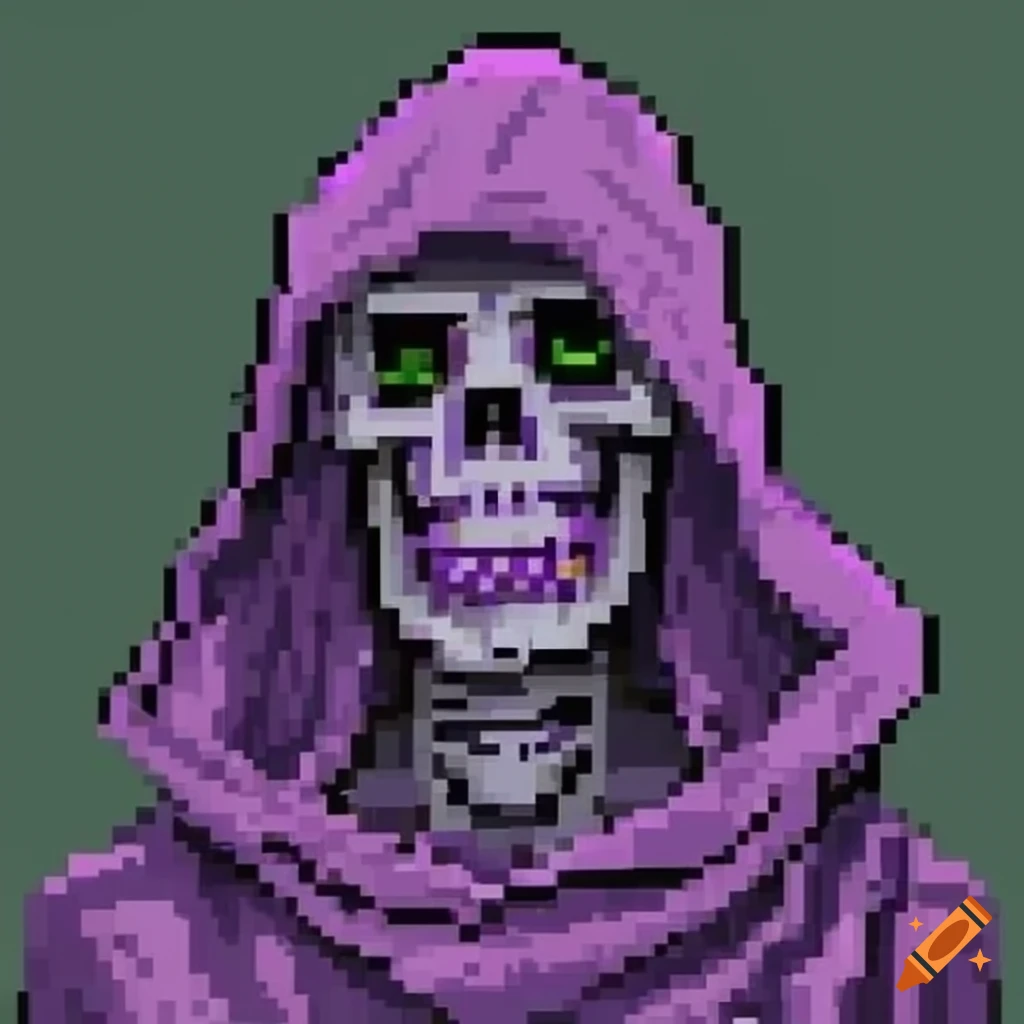 Pixel art of a spooky skeleton in a hood on Craiyon