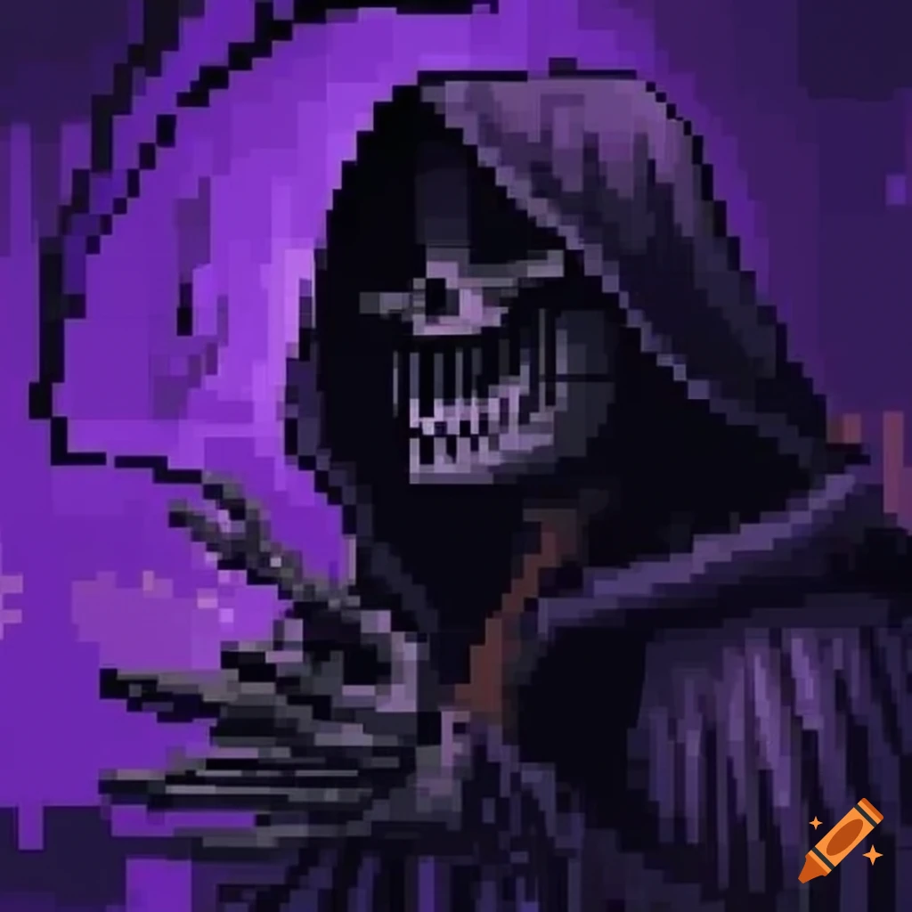 Pixel art of a scary purple skeleton in a hood