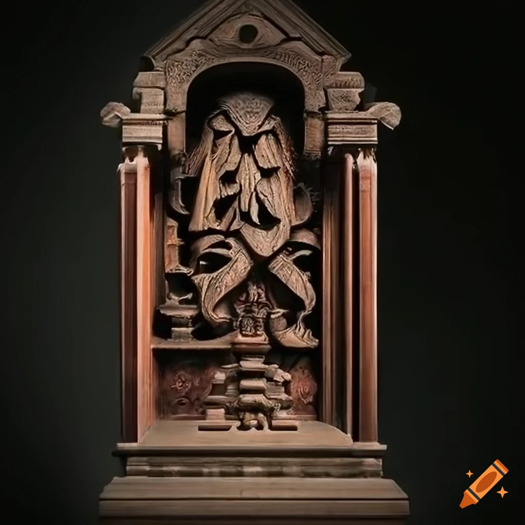 Detailed architectural carving of a shrine with moth motif on Craiyon