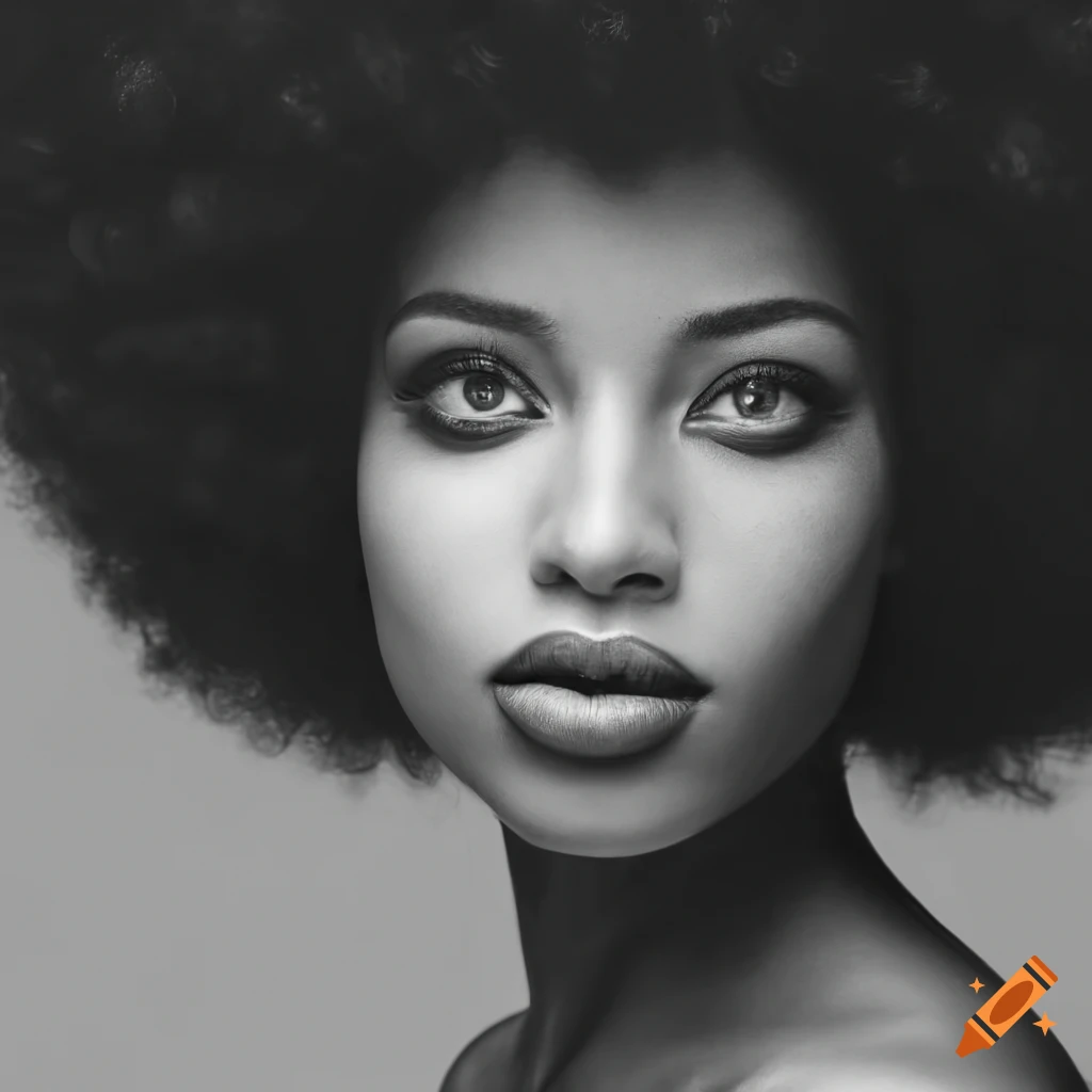 Portrait of a black confident woman's face in black and white, white background on Craiyon