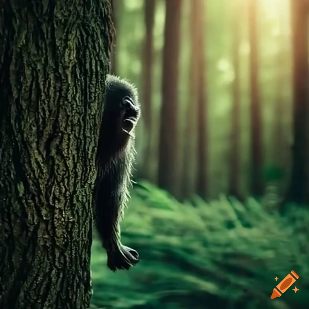 Image of bigfoot hiding behind a tree on Craiyon