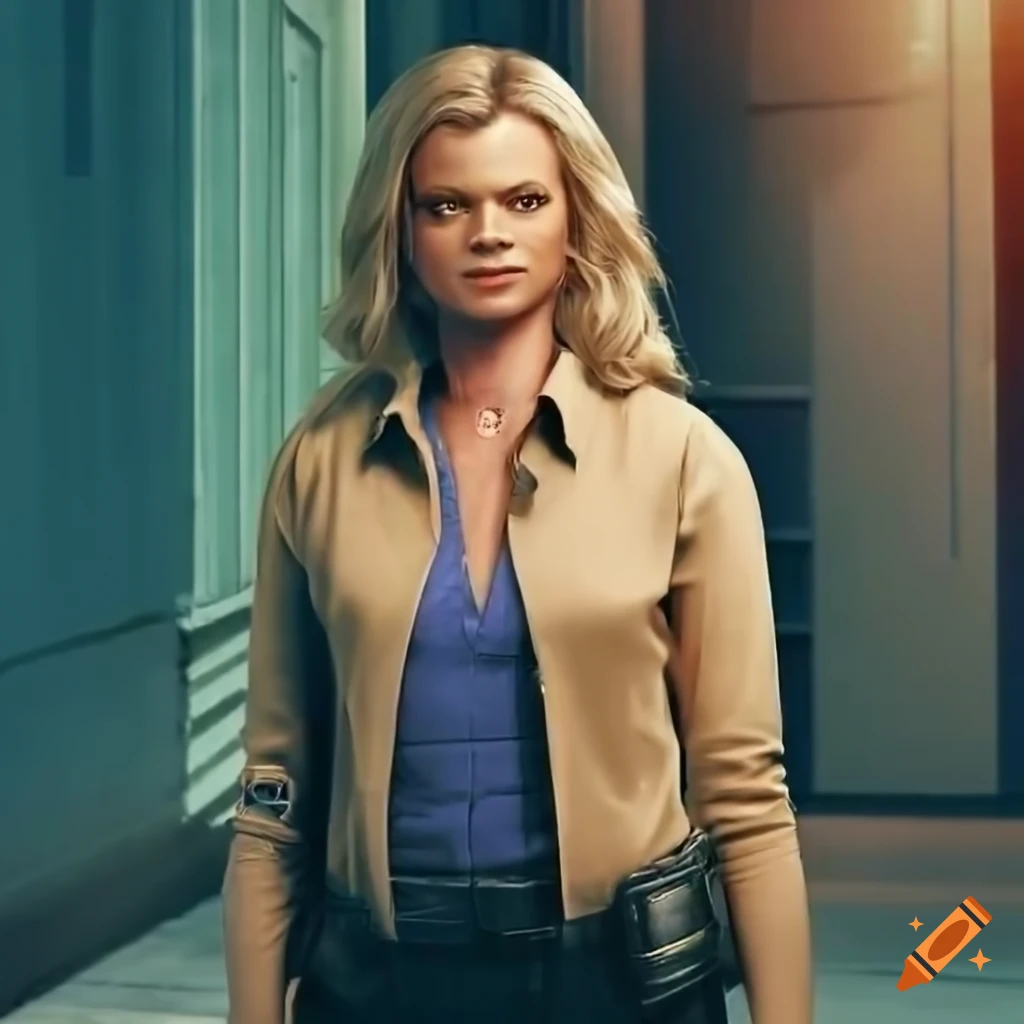 Closeup photo of actress Amy Smart as police officer on Craiyon