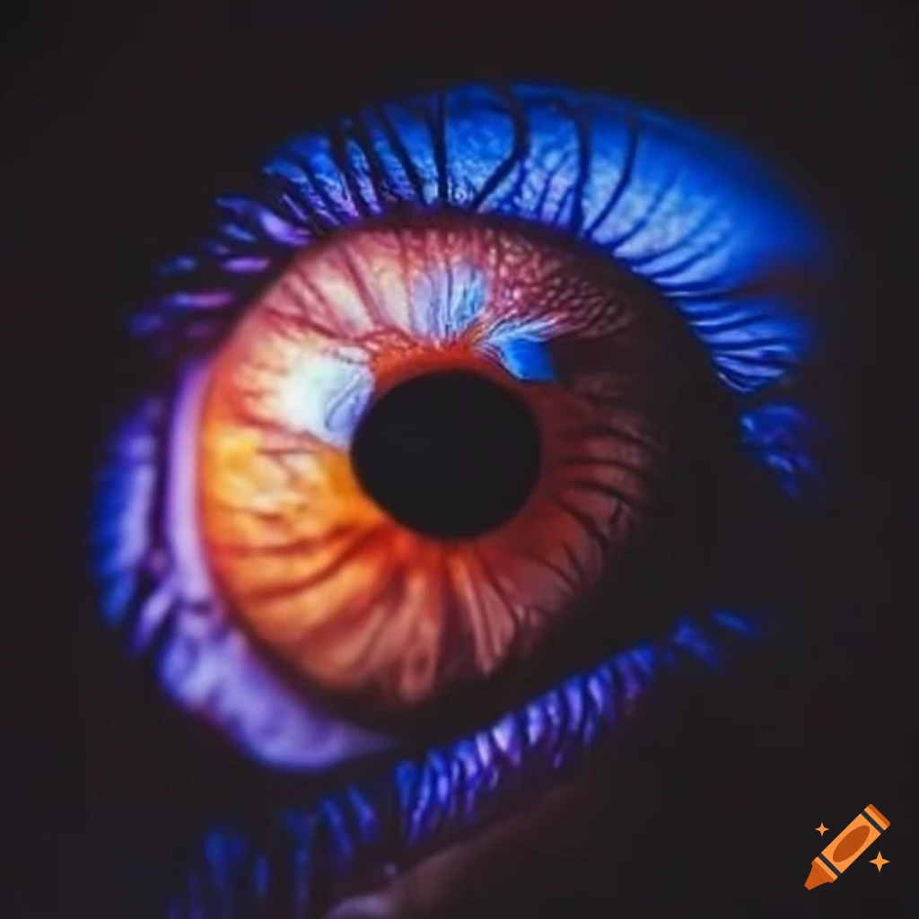 Close-up of a striking ice-blue eye with intricate details on Craiyon