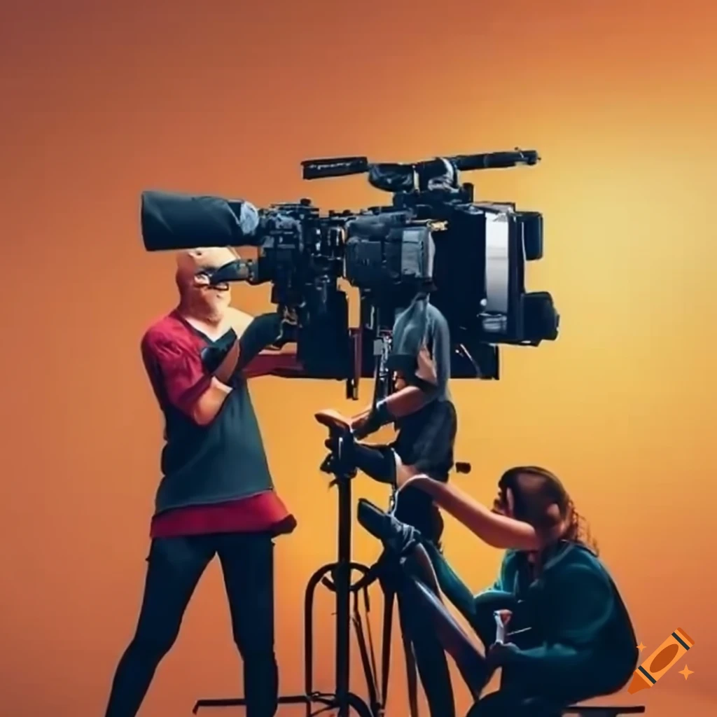 Ensemble view of a film set with technical crew and child actors