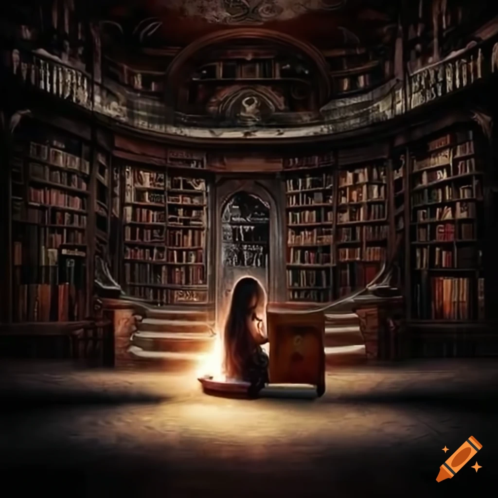 Man with long black wavy hair and tattoos in magical library on Craiyon