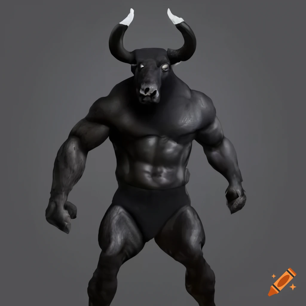 Photorealistic black minotaur with white horns and a turtleneck sweater