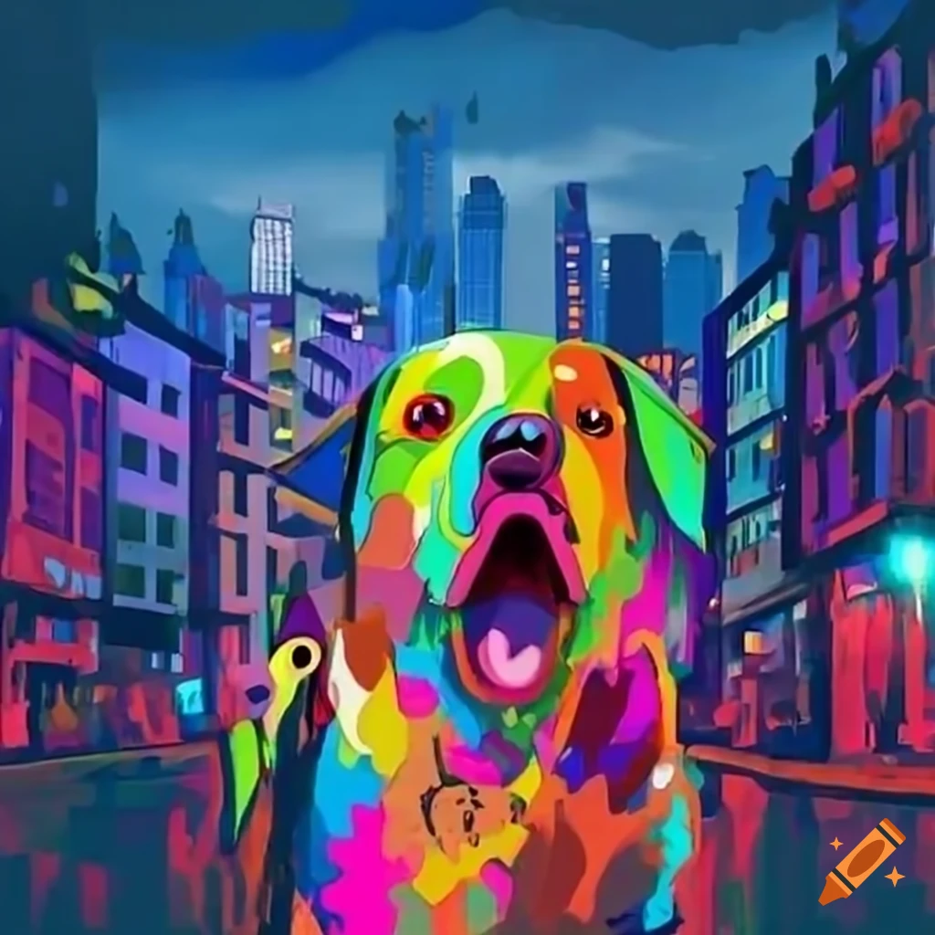 Giant dog towering over city buildings