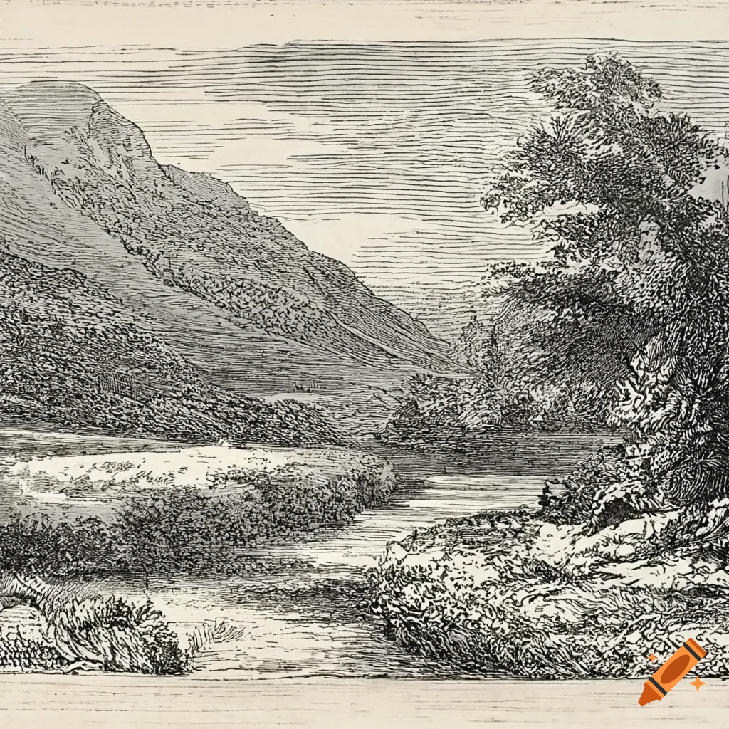 Black and white engraving of a 19th century landscape on Craiyon