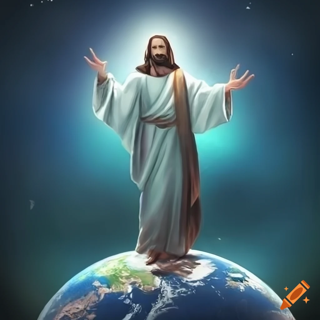 Colorful 2d painting of jesus above the earth on Craiyon