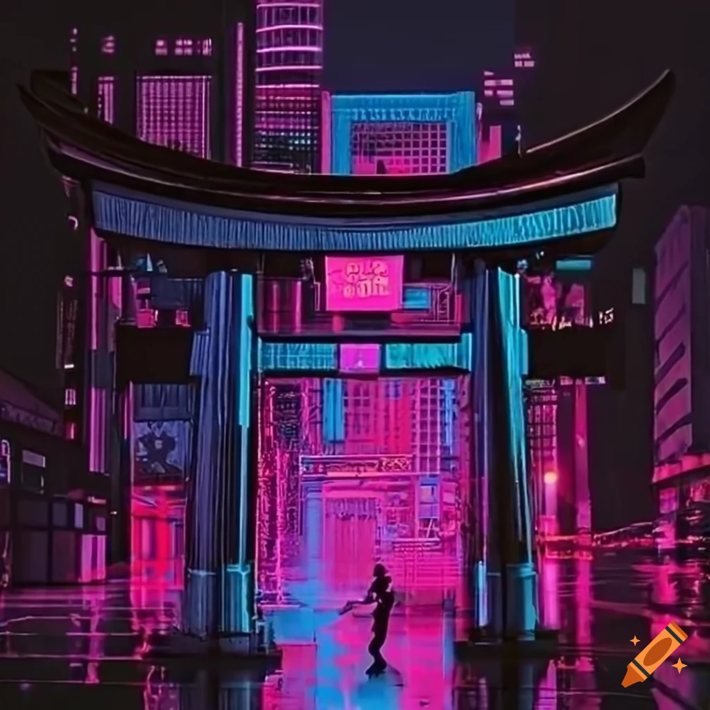 Neon-lit cyberpunk torii gates in Japan on Craiyon