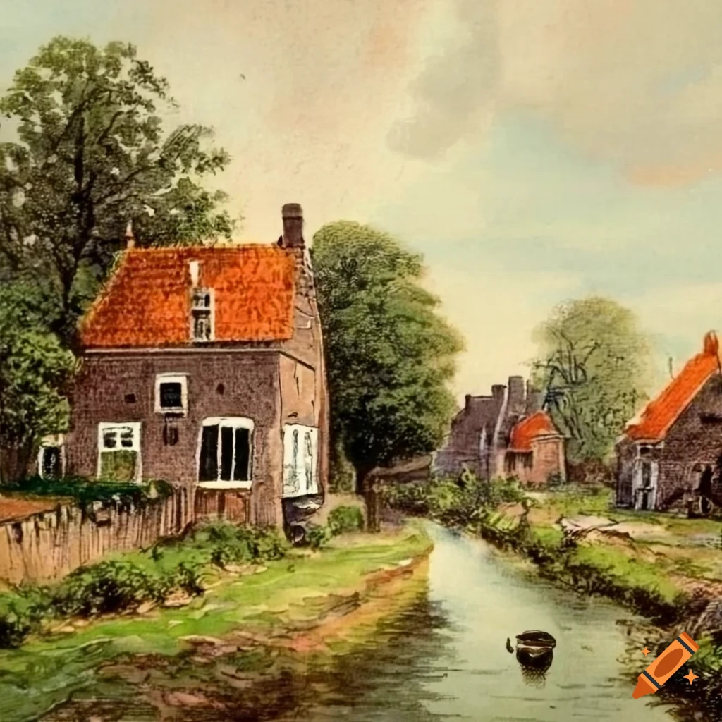 Detailed vintage drawing of a dutch wine farm from 1900 on Craiyon