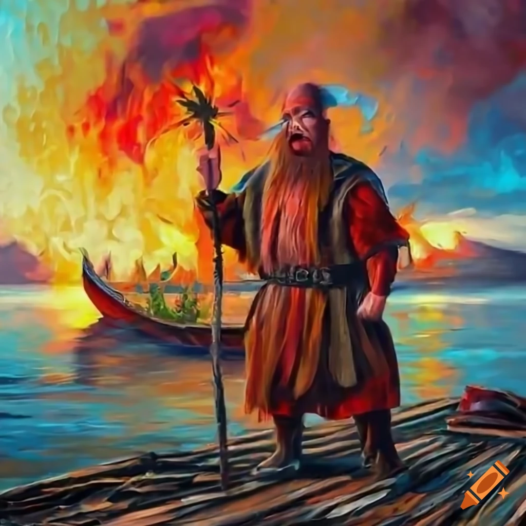 Red bearded viking with burning boat and cannabis plant at sunset on ...