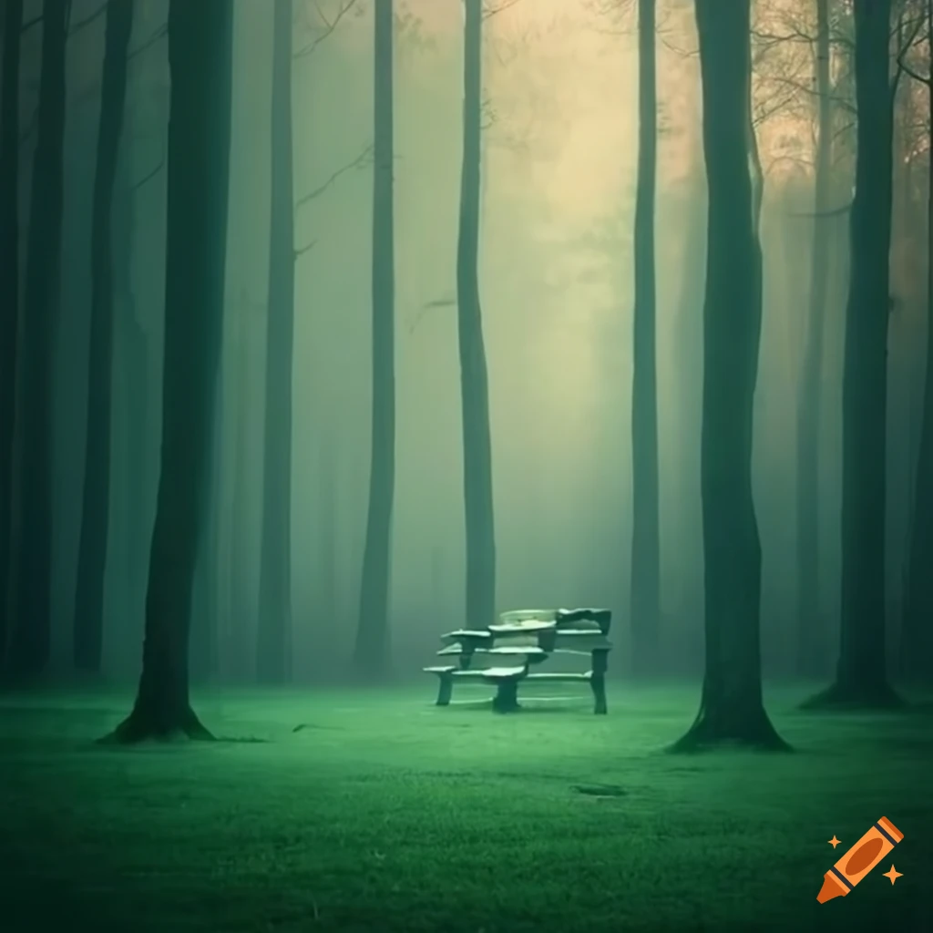 Serene forest with a solitary bench in the mist
