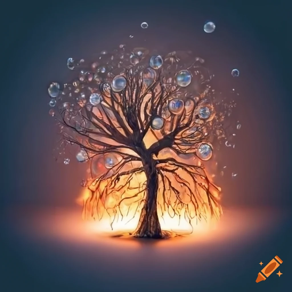 Fire sculpture of a willow tree with diamond river