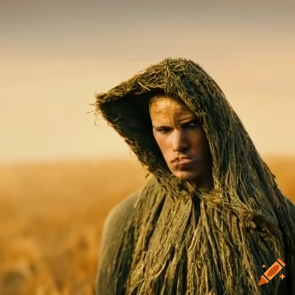 Man covered in hay in a field