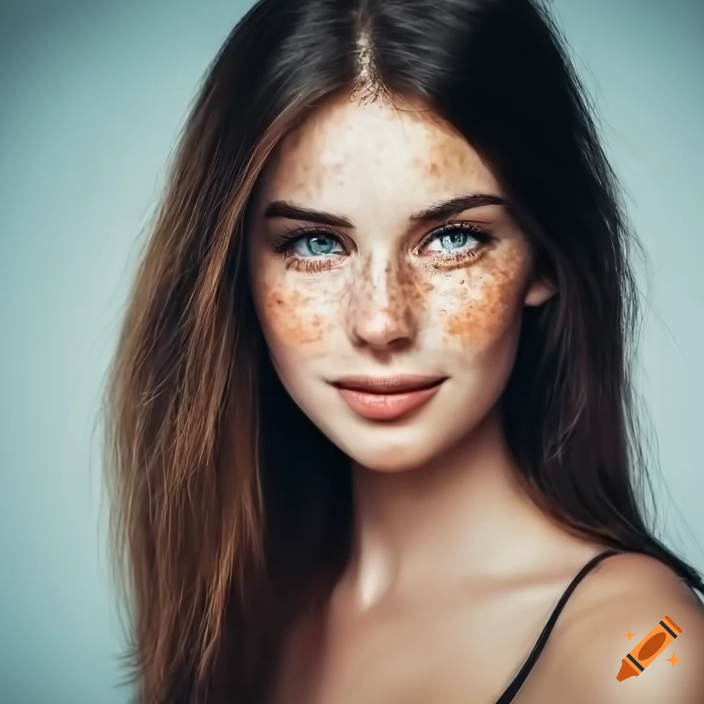 Close-up portrait of a young woman with freckles and shy smile on Craiyon