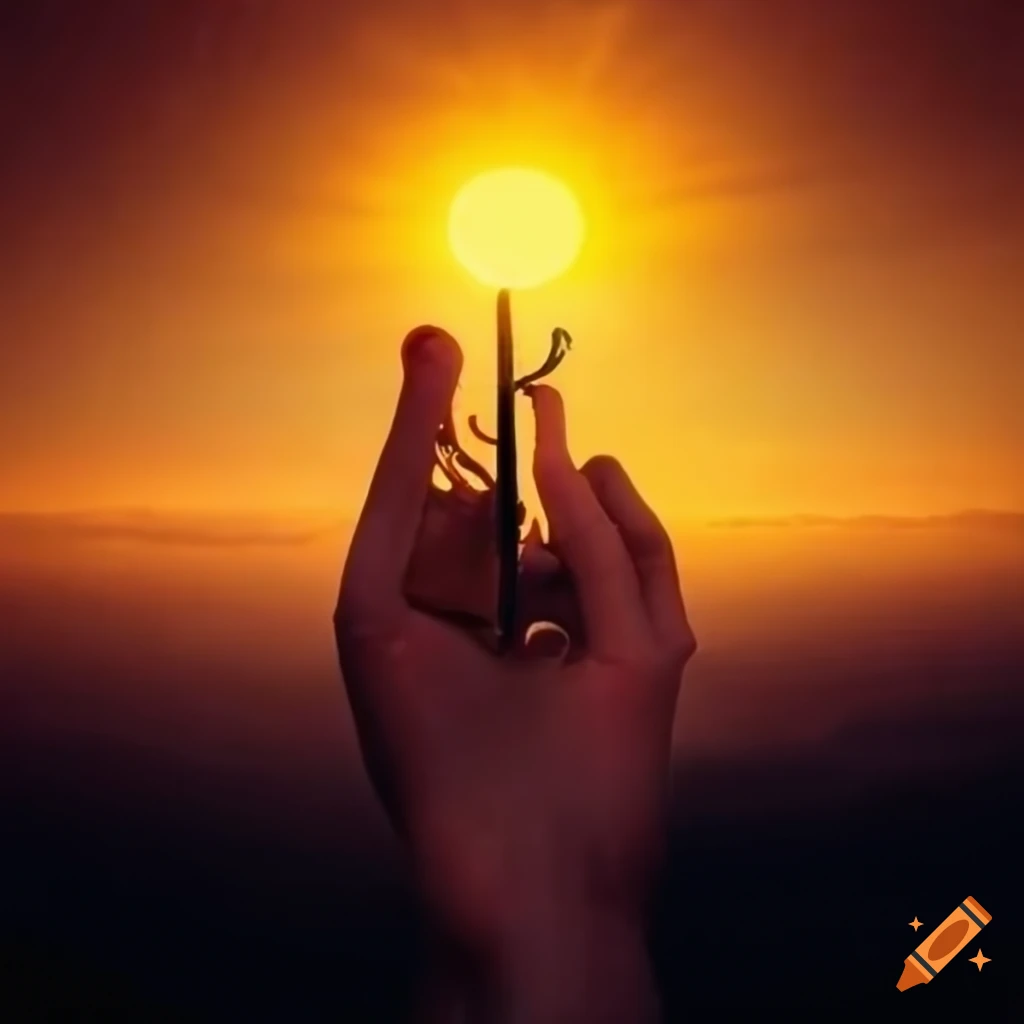Surreal art of a person holding a giant key to the sunset
