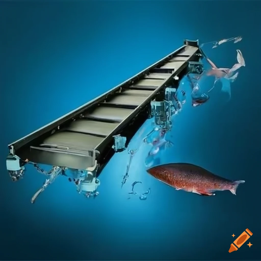 Conveyor belt sorting fish in a factory on Craiyon