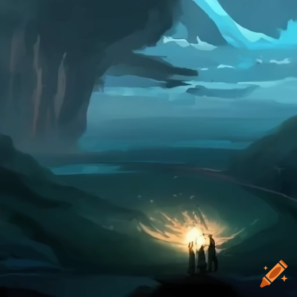 Anime-style artwork of a view from the river bank during a disaster