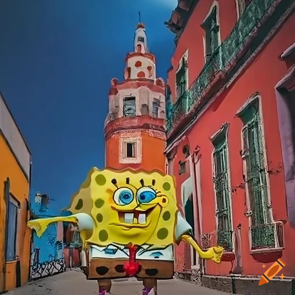 Spongebob exploring a colorful mexican pueblo on Craiyon