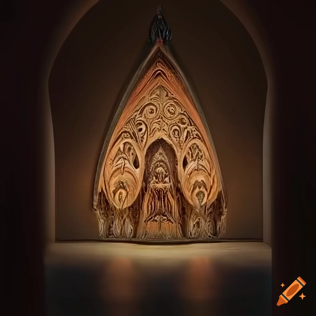 Poster with architectural stave carving and moth motif on Craiyon