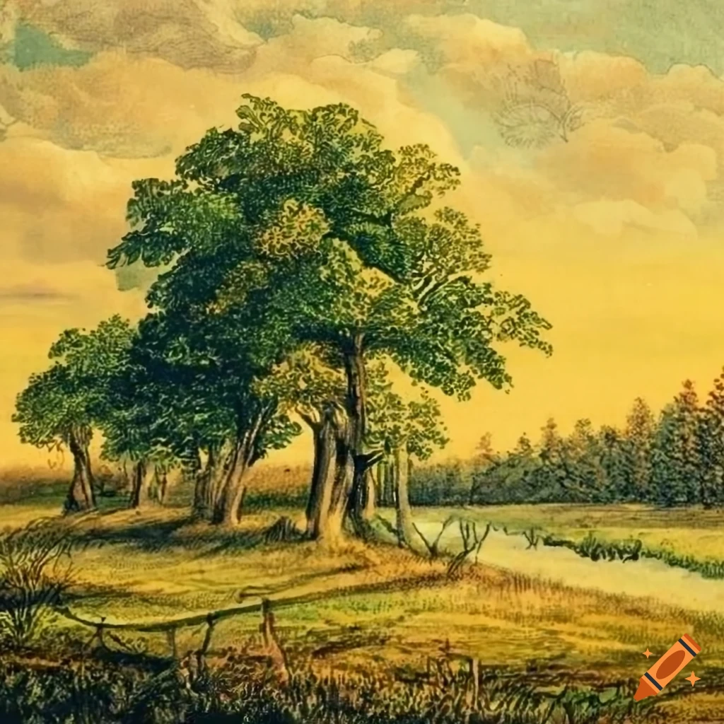 Colorful vintage illustration of a peaceful countryside path on Craiyon