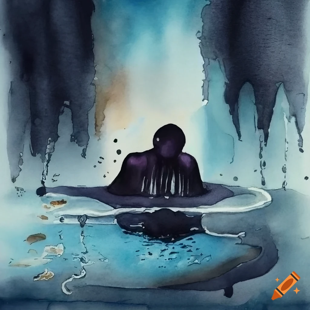 Dark watercolor depicting struggle in a puddle on Craiyon