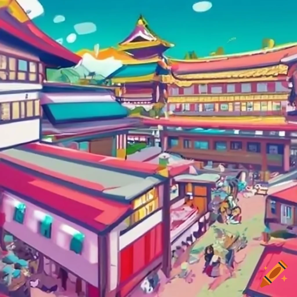 Traditional japanese trading plaza filled with cats