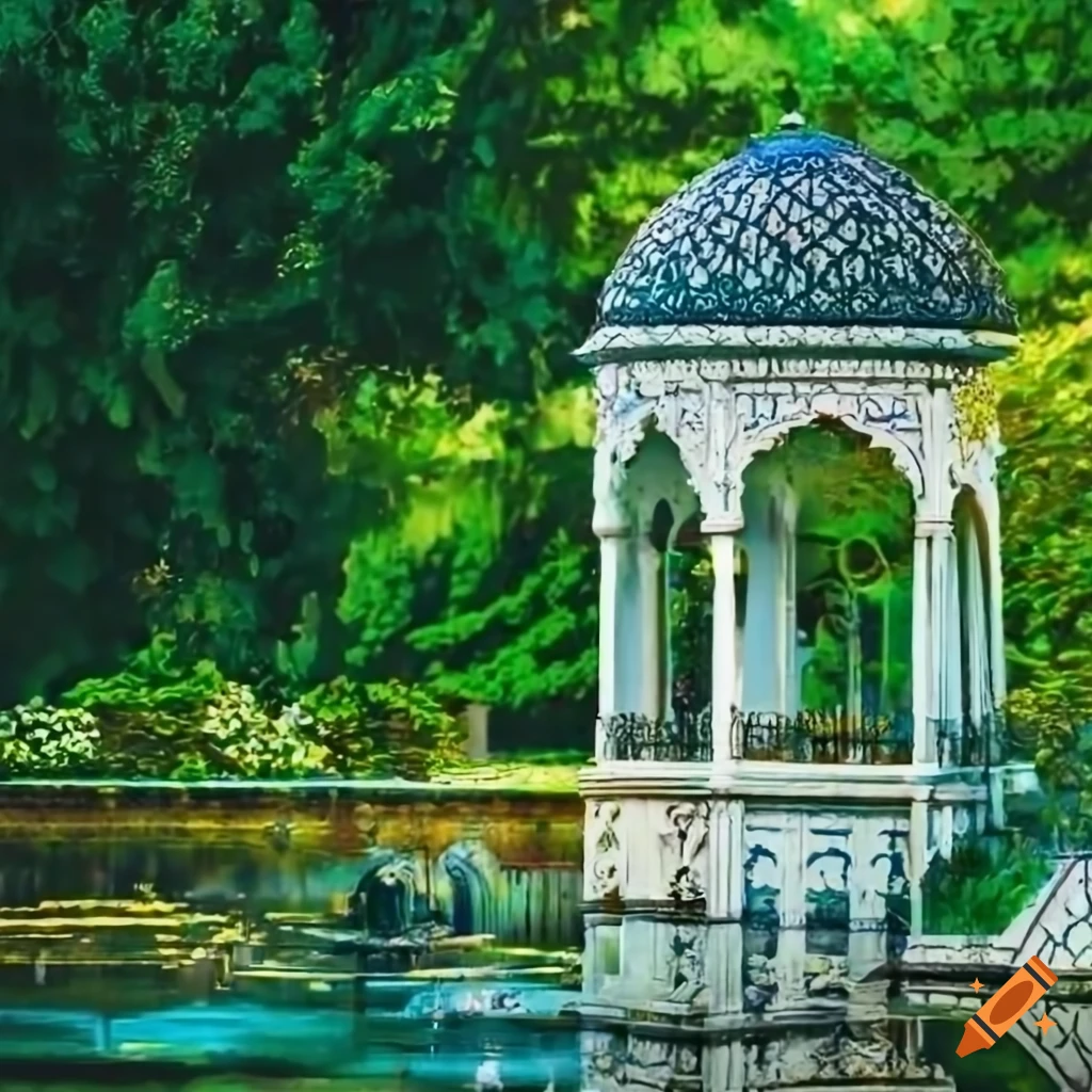 Islamic art-inspired garden with a pond and gazebo on Craiyon