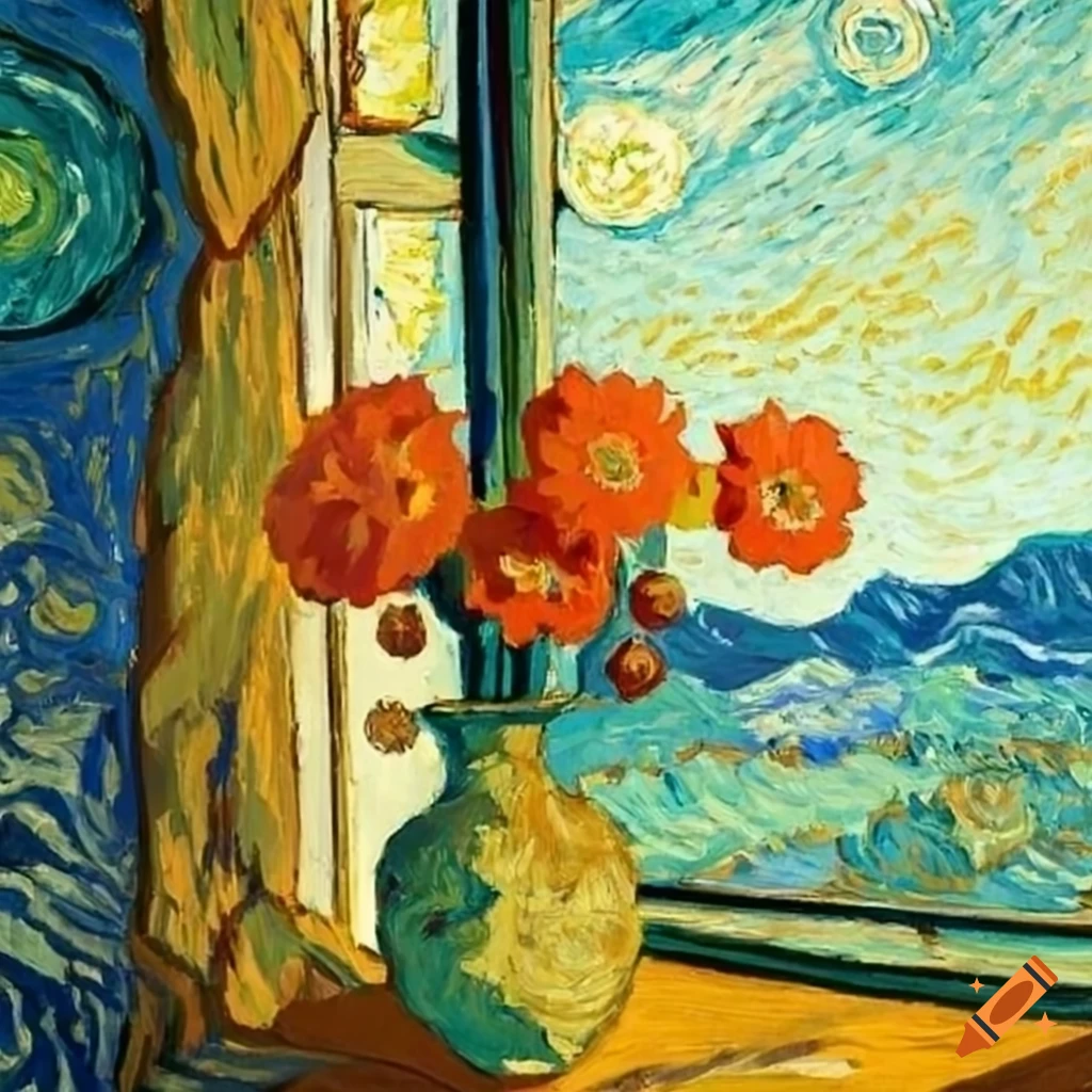 Van Gogh inspired painting of flowers next to an open window with ...