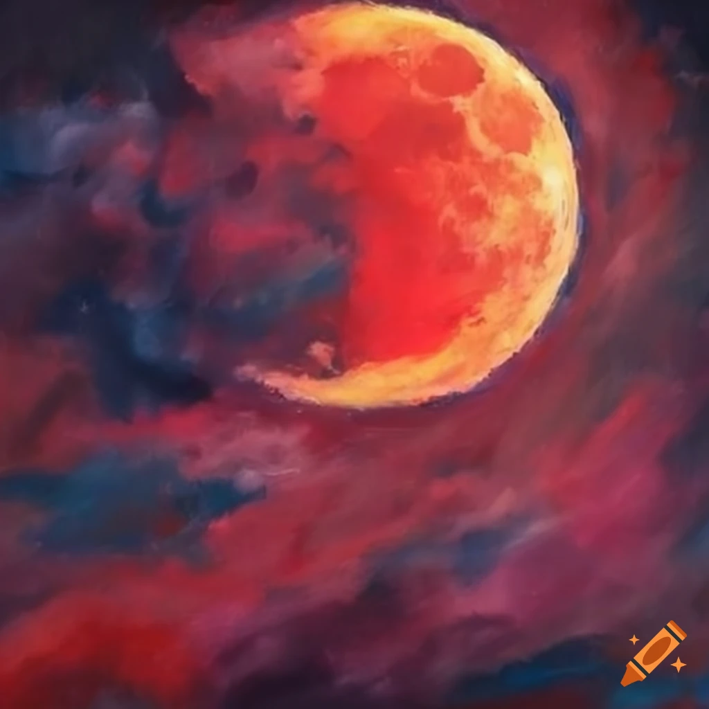 Painting of a red moon hidden by clouds on Craiyon