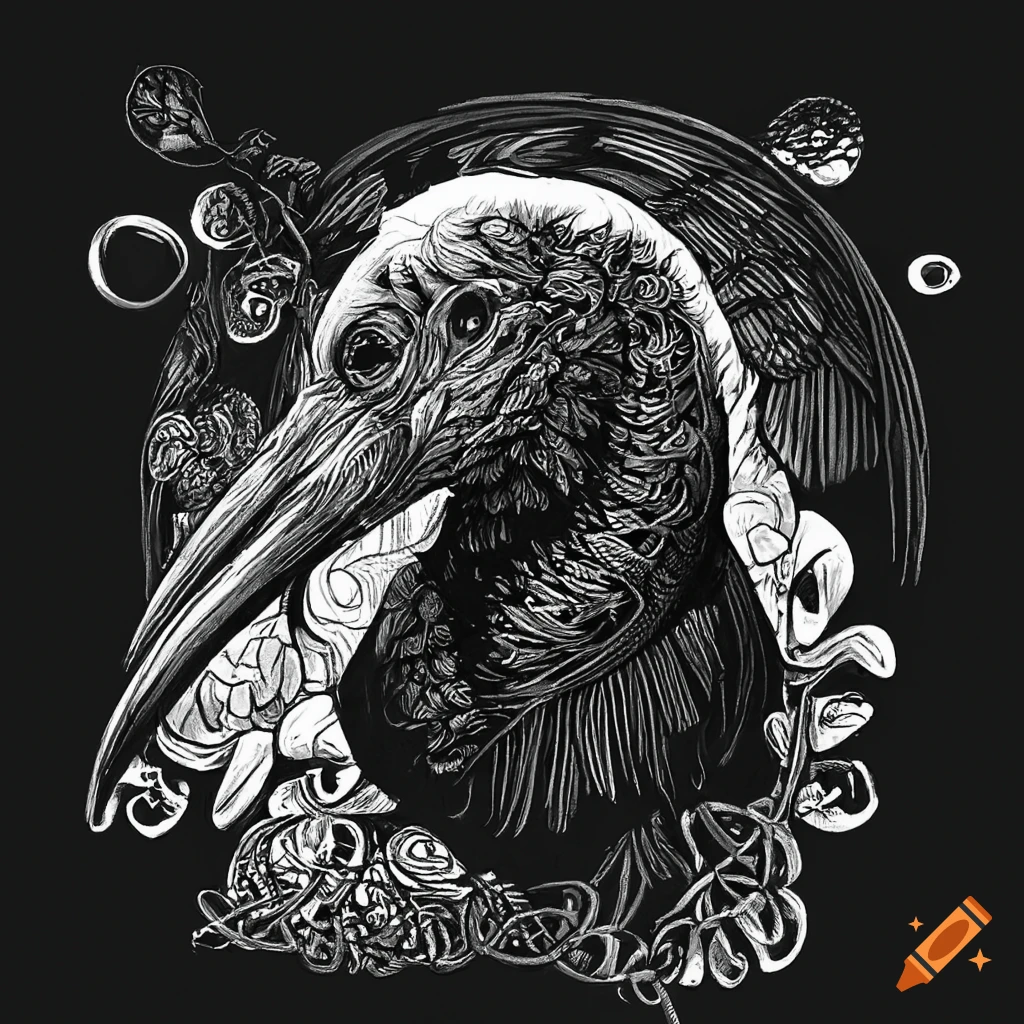 Black and white sketch of a celtic ibis