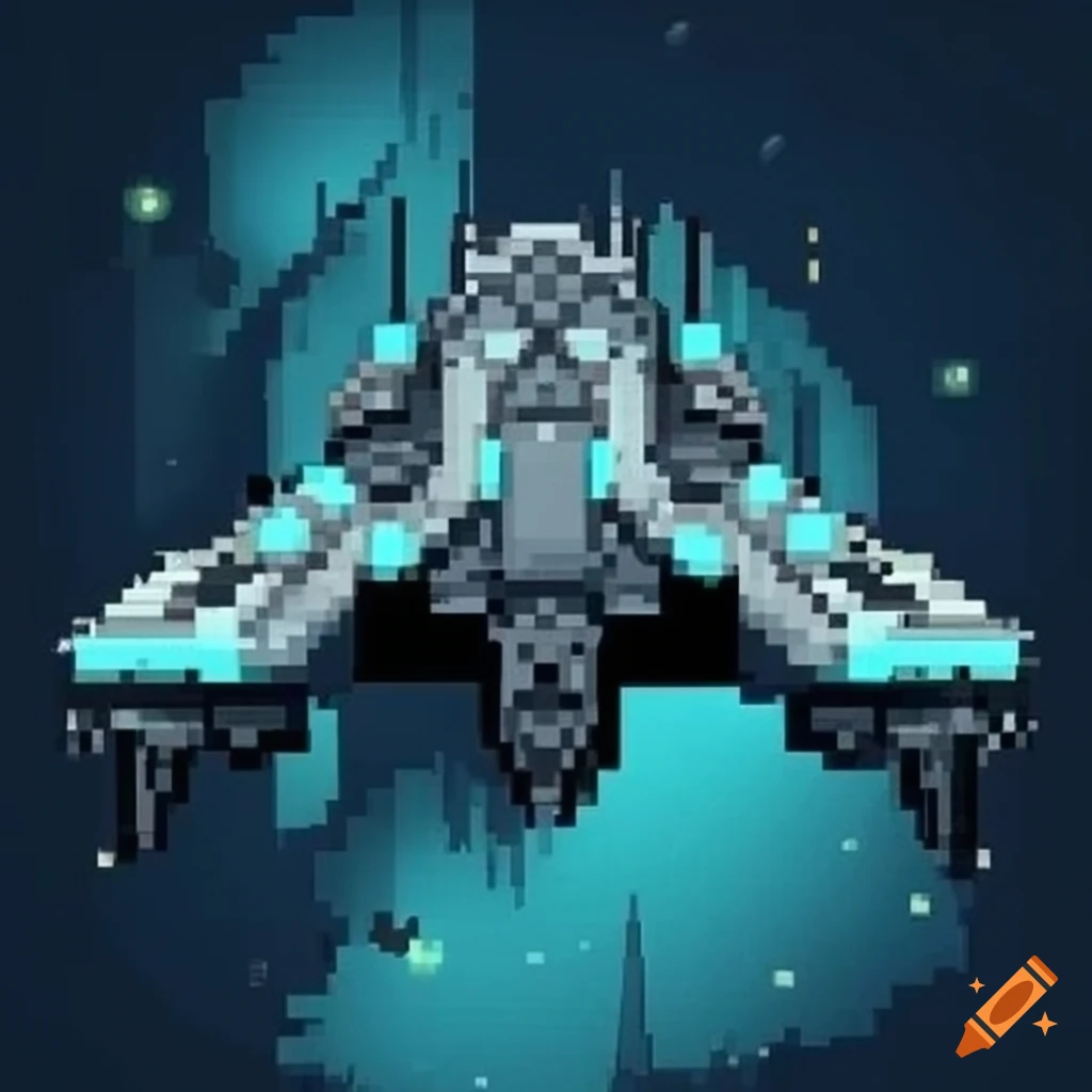 Pixel art of a futuristic battle ship in space on Craiyon