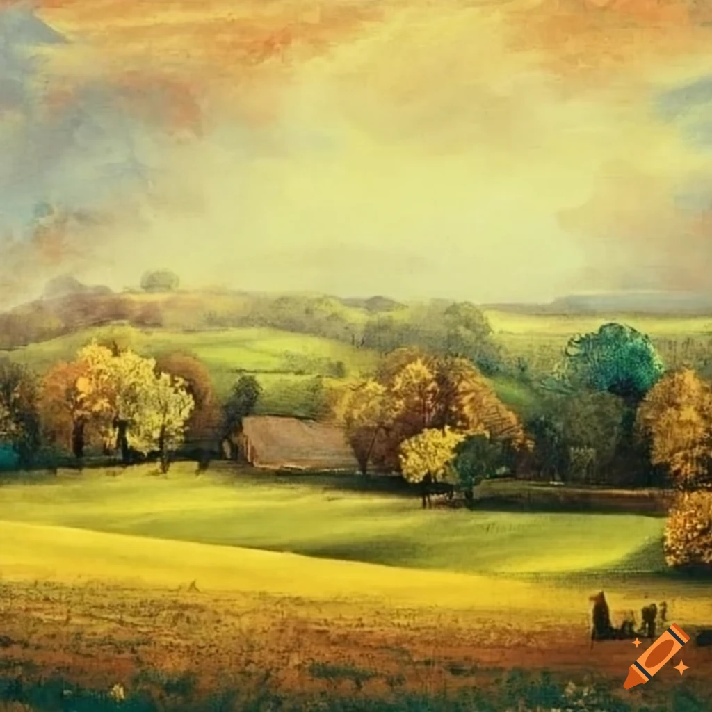 Village farm view captured in a picture frame on Craiyon