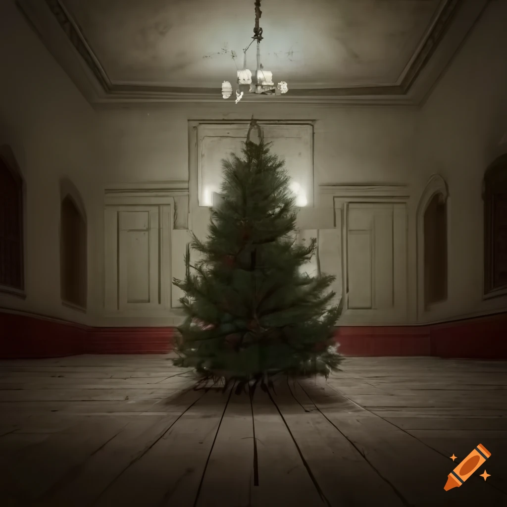 Desolate christmas tree in an empty hall on Craiyon