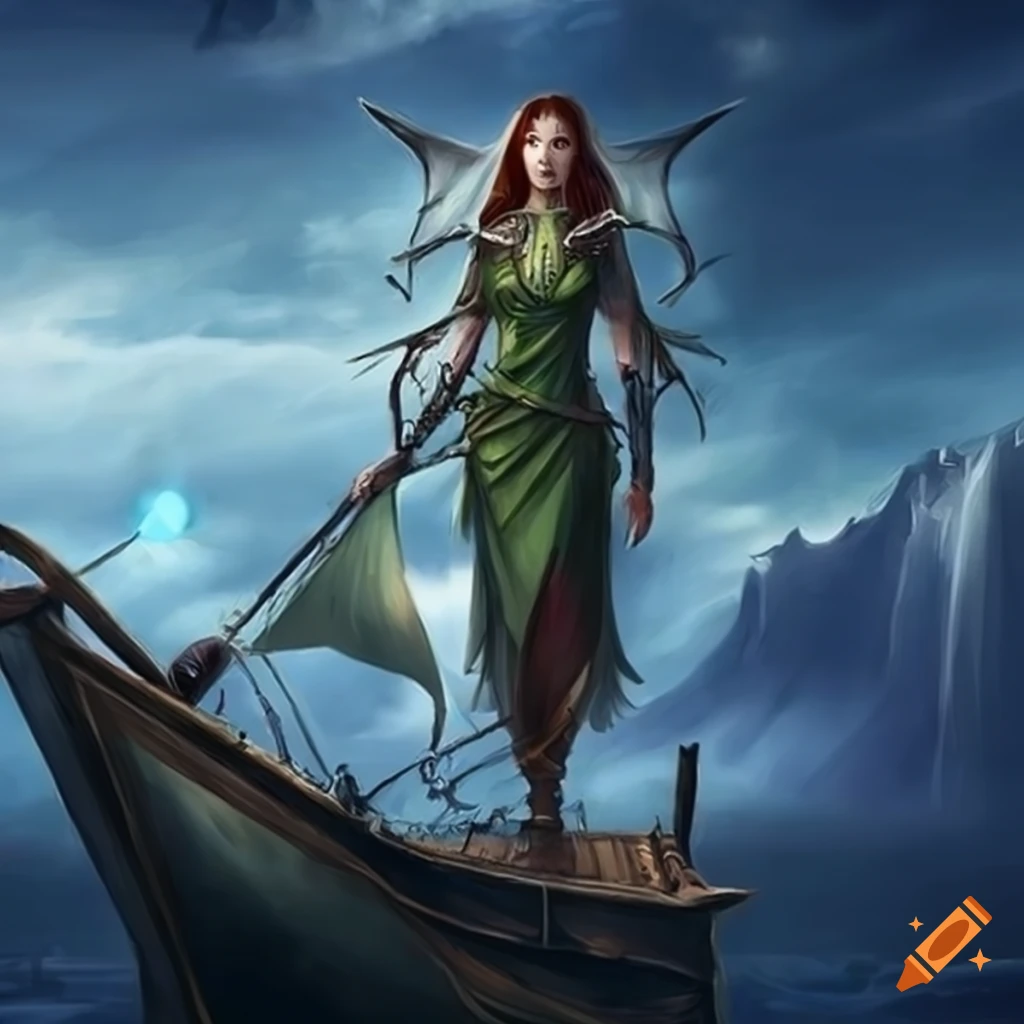 Fantasy art of an elf woman on a flying ship on Craiyon