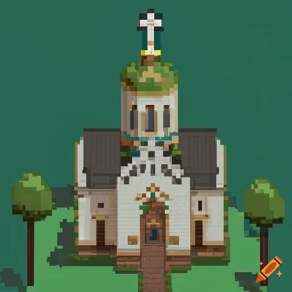 Pixel art of an orthodox church in a forest on Craiyon