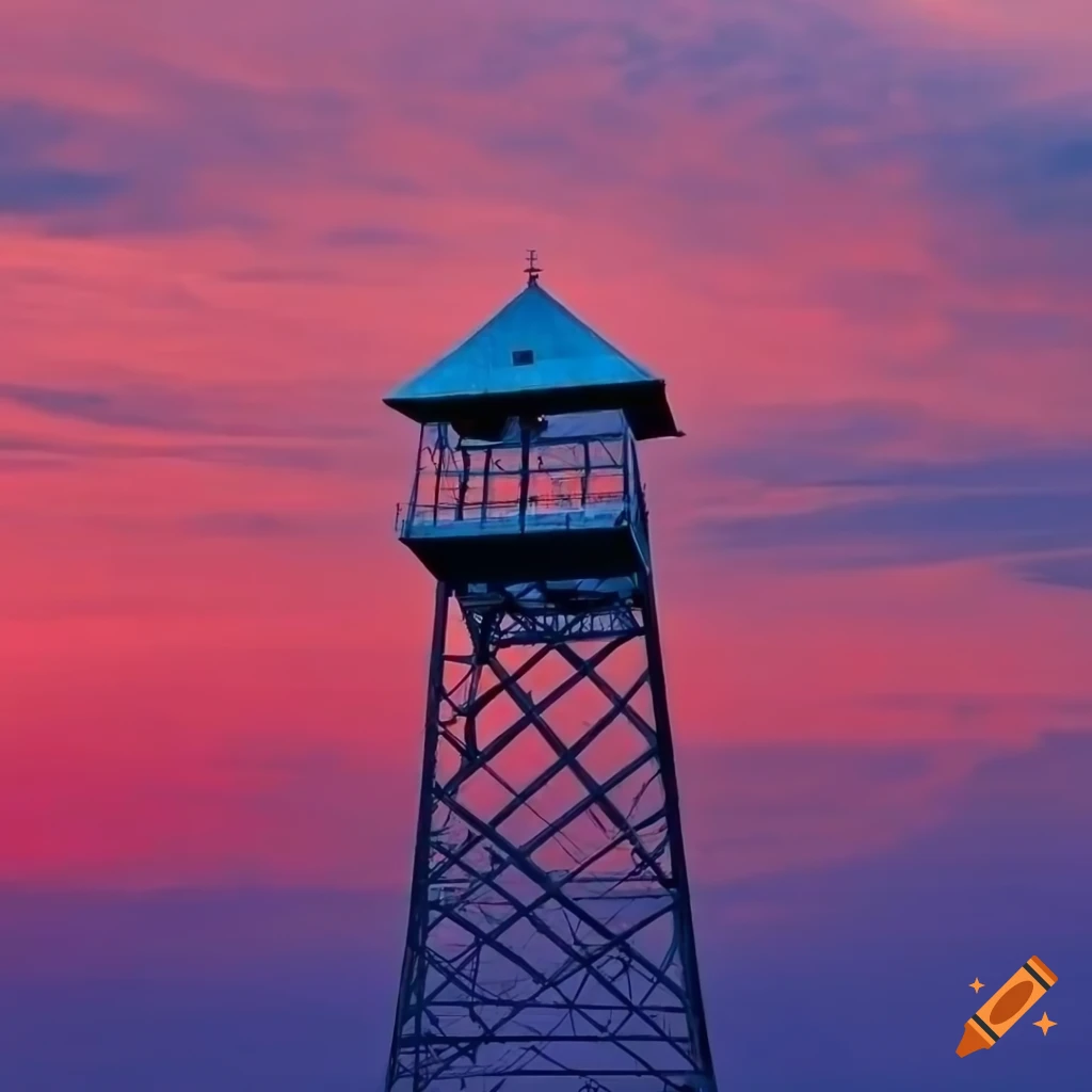 Sunset view of a firewatch tower in a forest