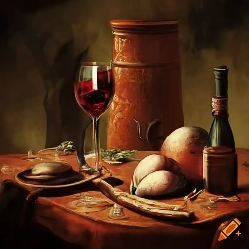 Medieval artwork with wine and table on Craiyon